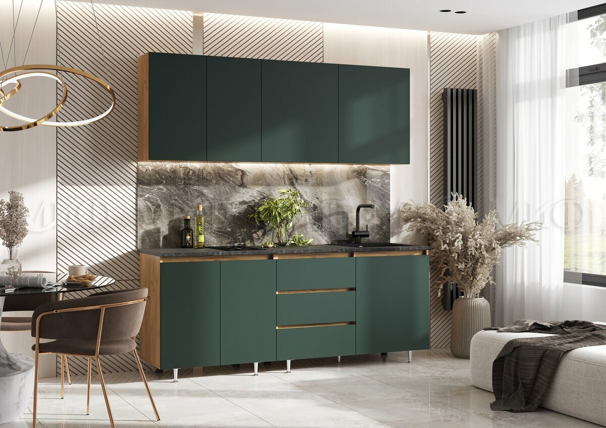 Кухня 2 метра прямая Миф Челси 2,0м Компоновка №2 цвет Изумрудный, дуб крафт столешница Кастилло