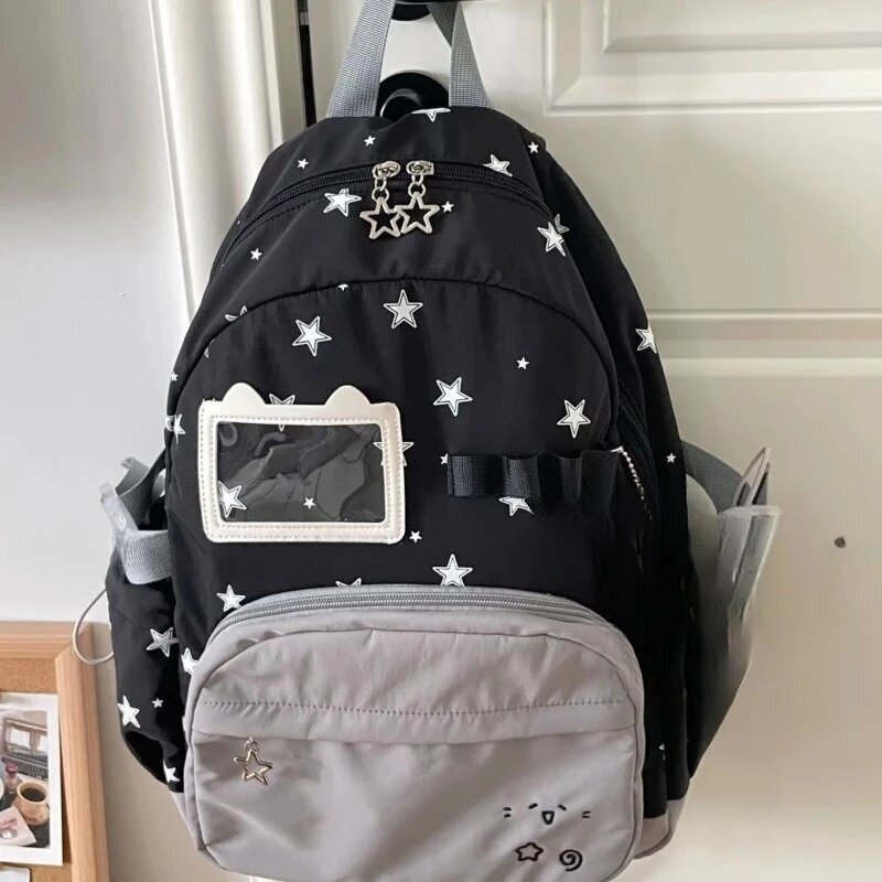 Лоскутный контрастный цветной рюкзак со звездами на молнии Kawaii, милые эстетические школьные сумки Y2k, повседневные женские студенческие рюкзаки большой емкости black no pendant
