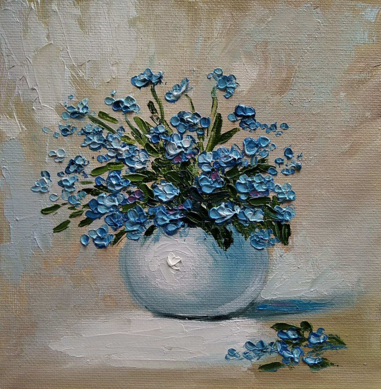 Картина маслом Холст на Картоне Размеры 15x15 см Цветы Незабудки Нежный Букет