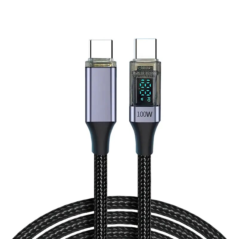 Светодиодный цифровой дисплейный кабель USB C для iPhone 16 15 Pro Xiaomi Huawei 100 Вт PD Быстрая зарядка для Macbook iPad Кабель типа C к типу C 2 м, черный