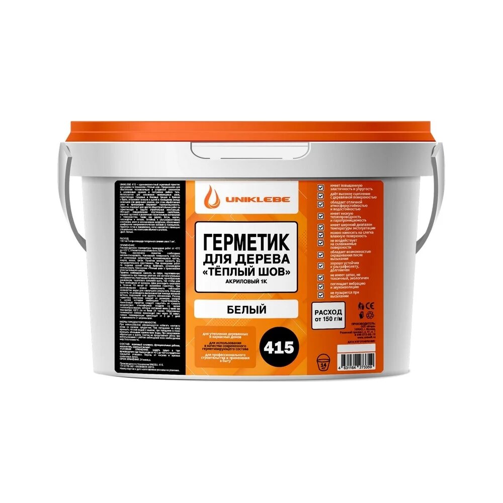 Герметик акриловый для дерева UNUKLEBE 415 по технологии «тёплый шов», белый, для заполнения межвенцовых швов