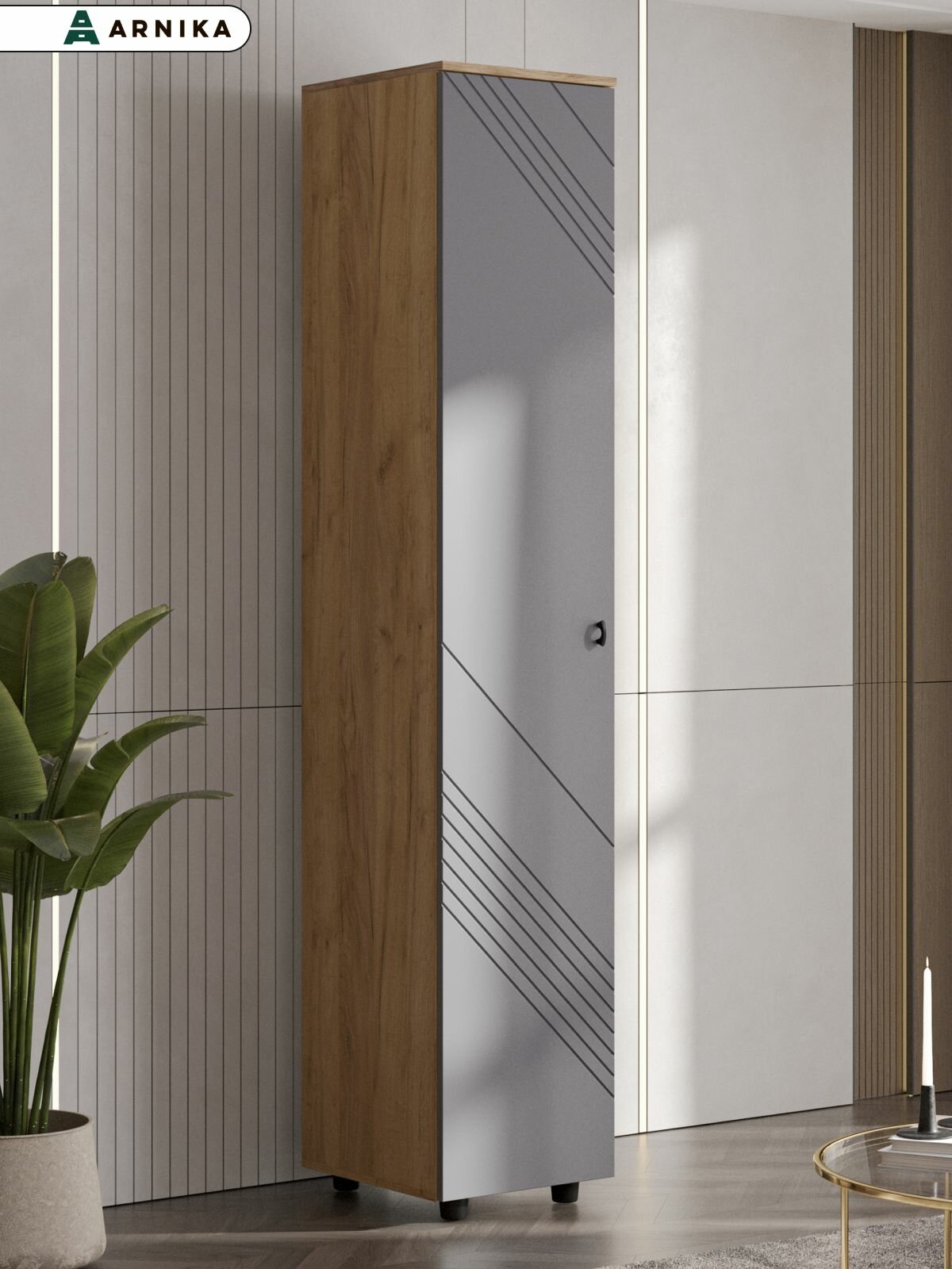 ARNIKA Шкаф пенал с полками Байкал, 46.4х40х210.6 см, Дуб Золотой, Графит