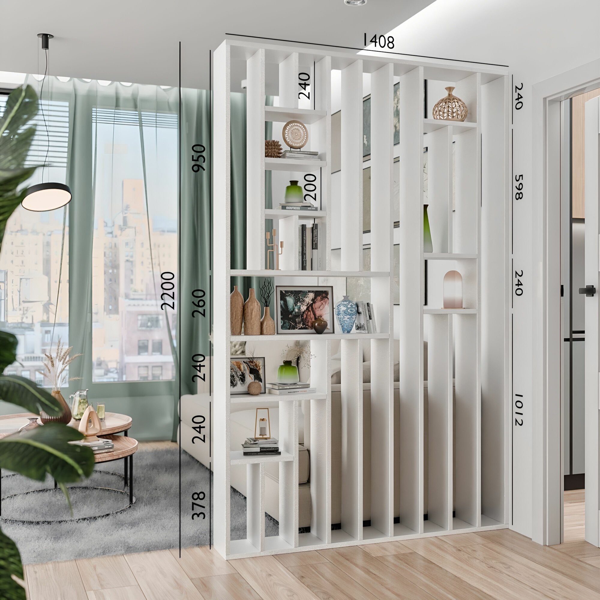 Перегородка для зонирования с полками 1408 мм, белая 22х200 мм