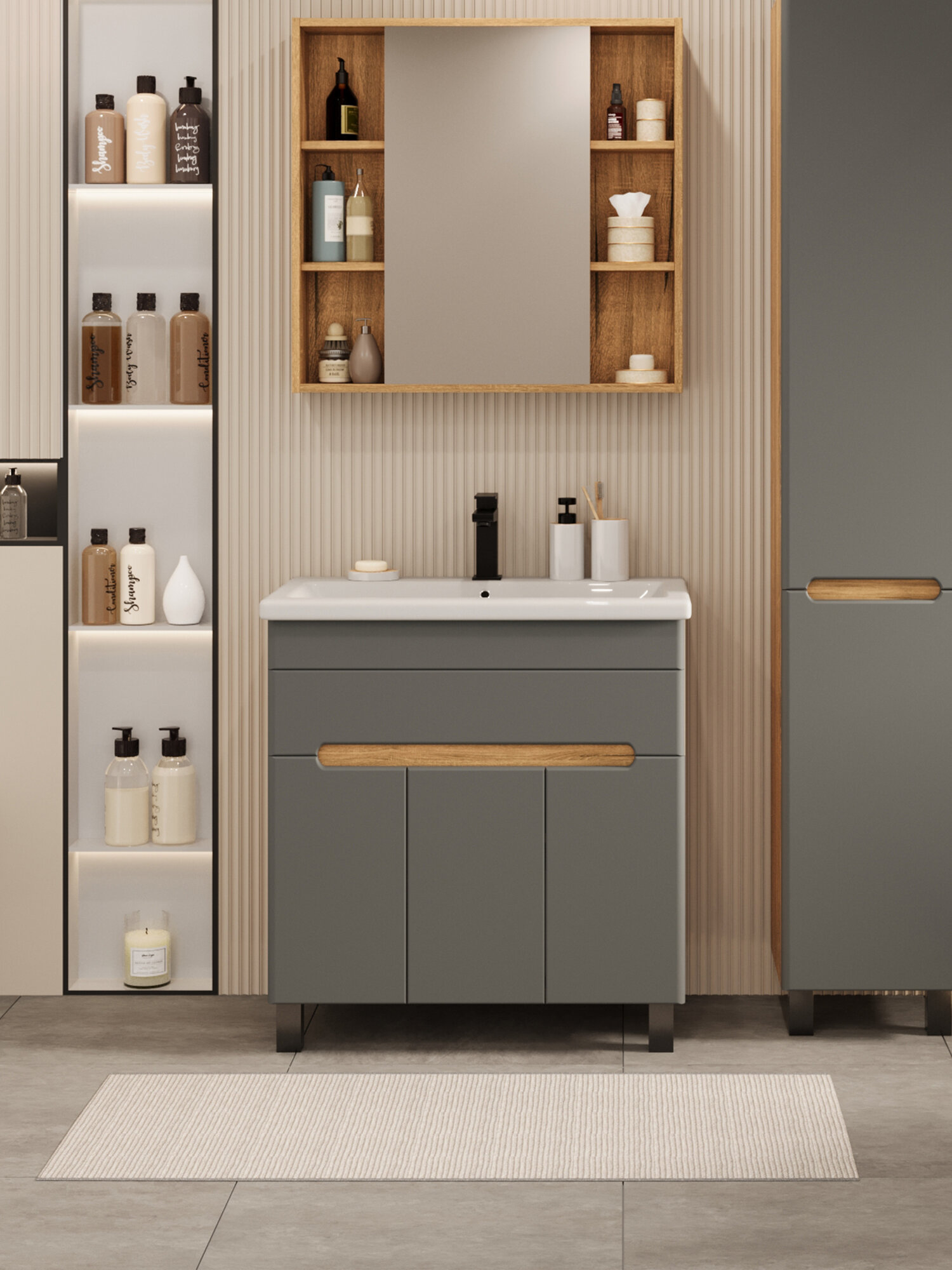 Тумба напольная Vannika Bliss 80 с раковиной Como 80 для ванной комнаты, графит софт