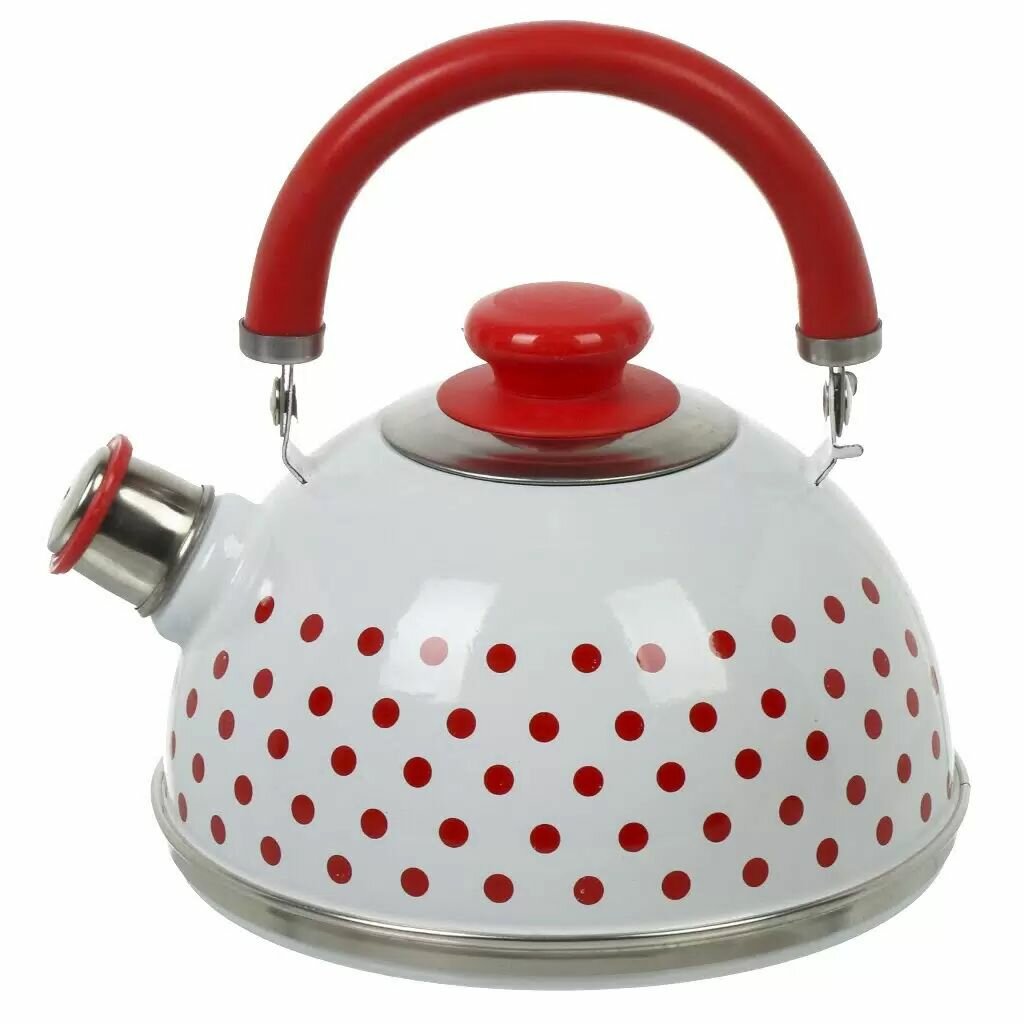 Чайник Рубин стальной эмалированный, 2,5 л, со свистком, с подвесной ручкой, Красные горохи, белый