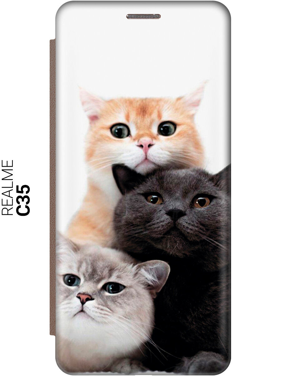 Чехол-книжка на Realme C35 с принтом "Котики" золотой