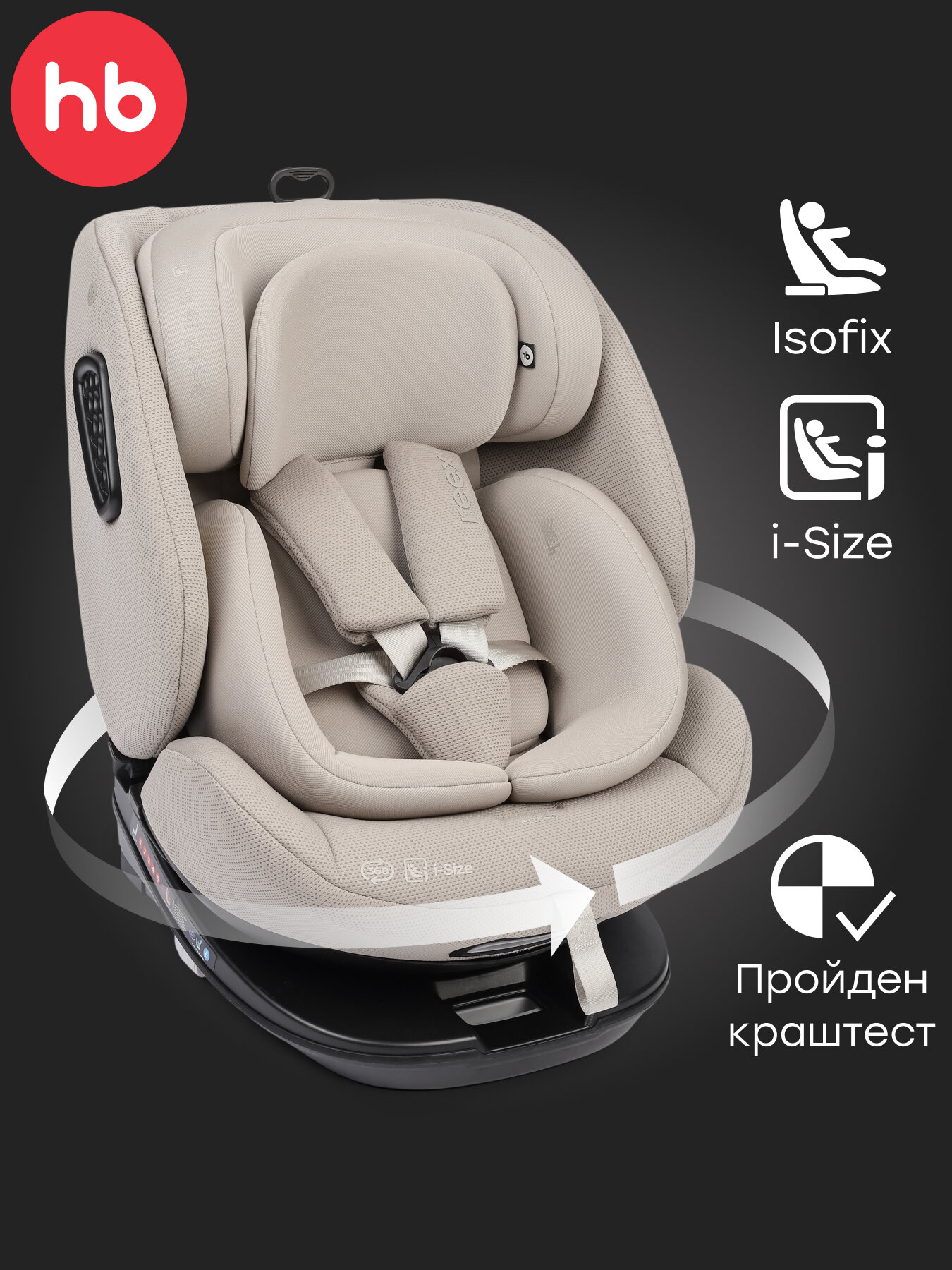 Автокресло детское Reex Happy Baby, поворотное на 360, от 0 до 12 лет, 0/1/2/3 (до 36 кг), Isofix, рост 40-150 см, серое