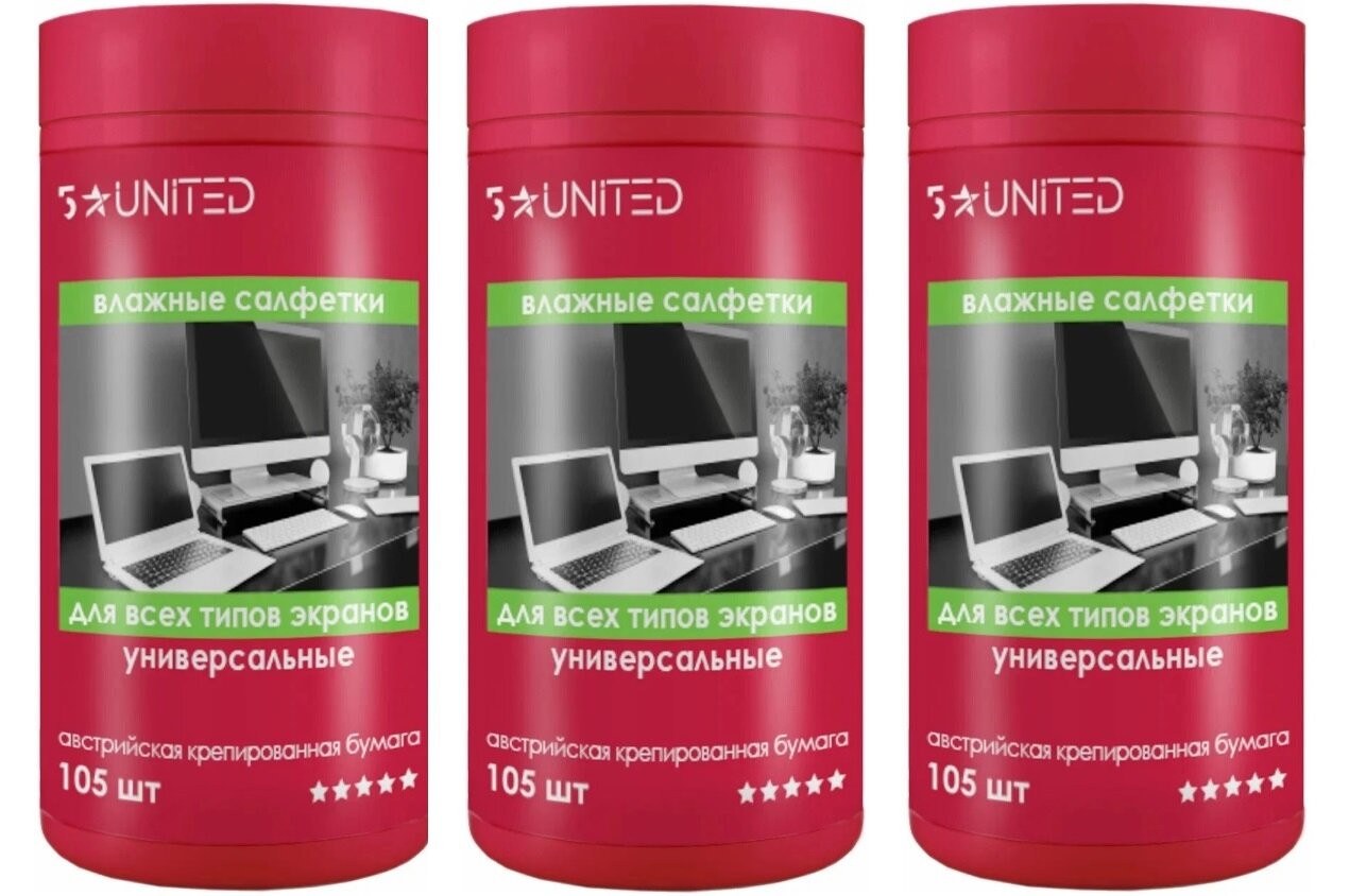 Влажные салфетки для всех типов экранов 5 Star United универсальные, 3шт