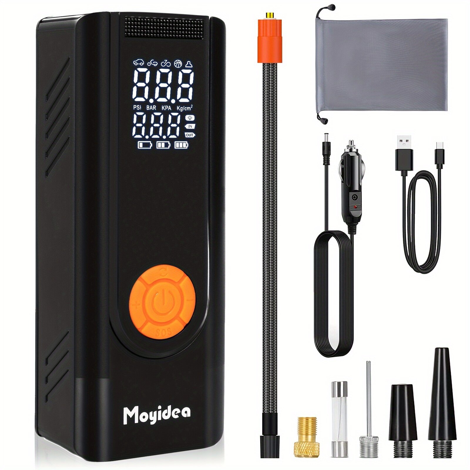 Портативный воздушный компрессор для накачки шин, быстрый беспроводной насос с LED-фонарем, электрический насос 12V с цифровым манометром для автомобильных шин, мотоциклов, велосипедов, мячей - с сумкой для хранения