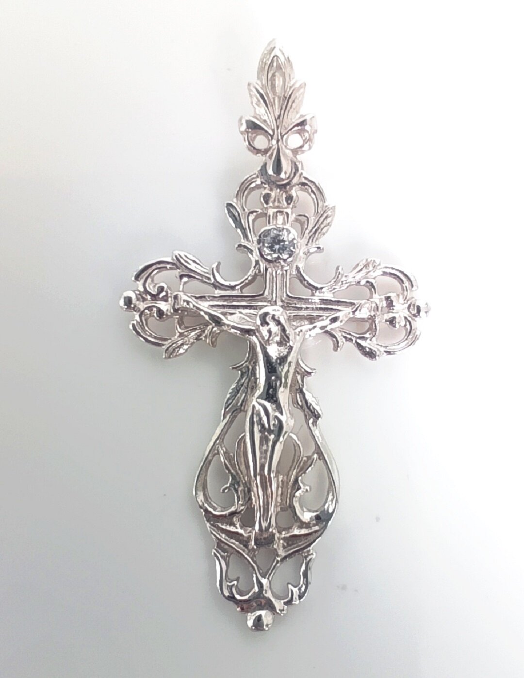 Крестик, серебро, 925 проба, родирование, фианит