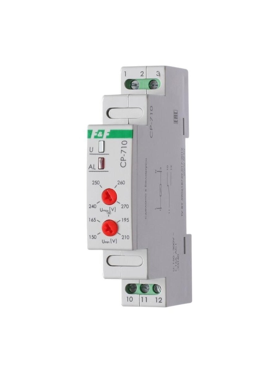 Реле напряжения CP-710 (однофазный; контроль верхнего и нижнего значений напряжения; монтаж на DIN-рейке 35мм; 230В 16А 1P IP20) F&F EA04.009.001