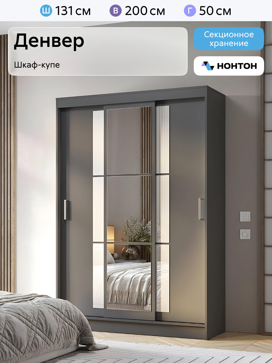 Шкаф-купе с зеркалом Нонтон Денвер, 131x50x200 см, графит / лакобель белая