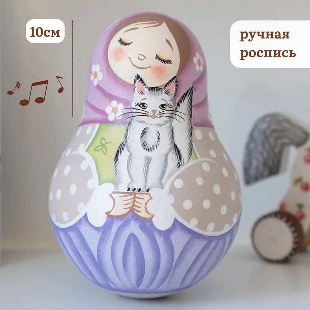 Игрушка для малышей музыкальная, неваляшка детская деревянная, развивающая игрушка для детей ручной работы (котик 10см)