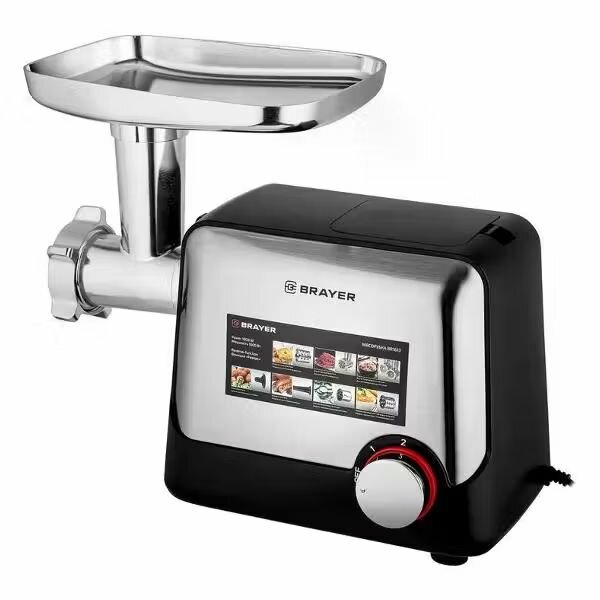 Мясорубка BRAYER BR1613, система реверса, 5 насадок в комплекте, мощность 1800 Вт, цвет черный/серебристый — фото 1