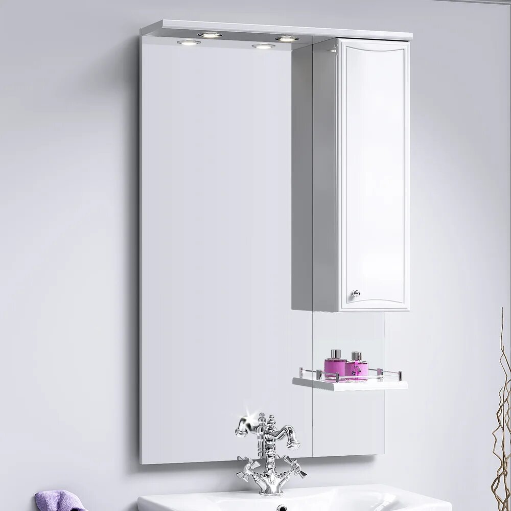 Зеркало Aqwella Барселона 60 с подсветкой, с полкой, со шкафчиком, 60 см, с розеткой, белое