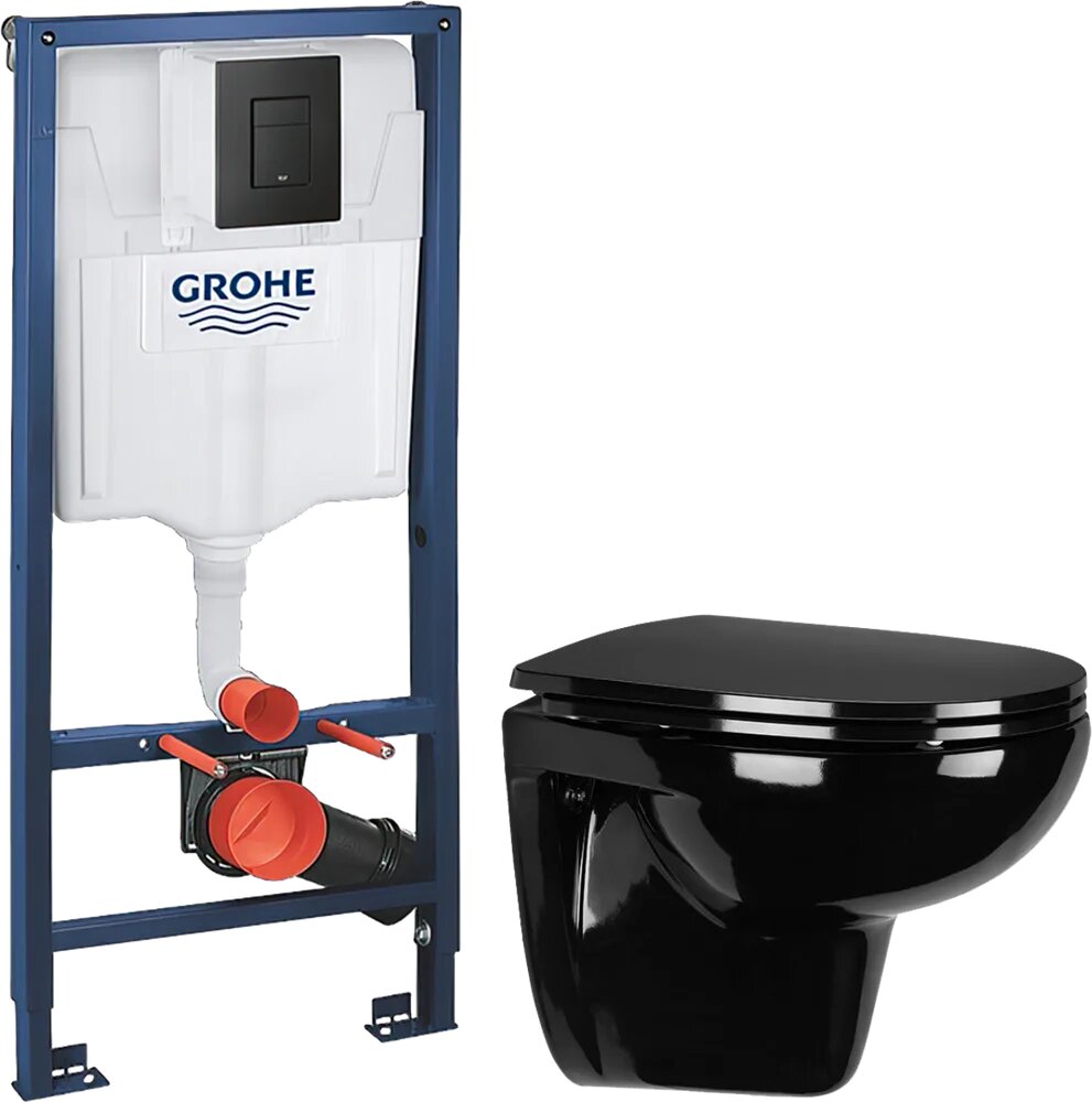 Комплект 2 в 1 Унитаз подвесной Wanfald Lauta 47374100005 / Инсталляция с кнопкой Grohe Solido 38811KF0 цвет черный