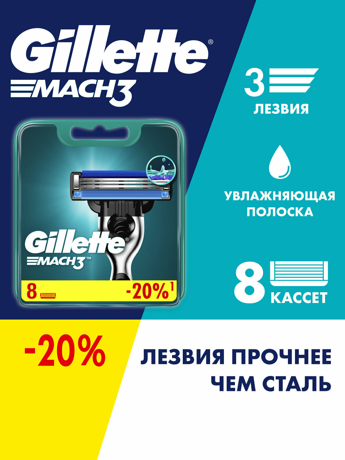 GILLETTE Mach 3 Сменные кассеты для бритья с 3 лезвиями, мужские, 8 шт