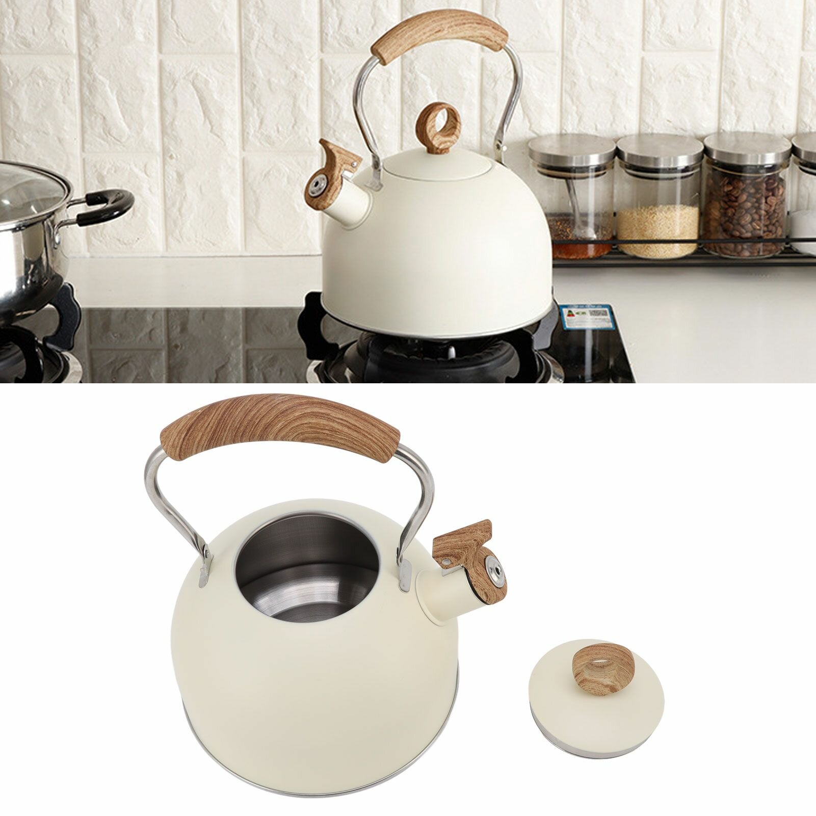 Чайник из нержавеющей стали со свистком, 2,5 литра, с ручкой для электрической плиты, газовой плиты, бежевого цвета