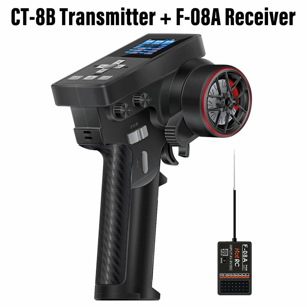 HotRC CT-8B - передатчик 2.4ГГц 8 каналов с приемником F-08A. Дальность 300м, цифровое управление. Для RC автомобилей, лодок, роботов. Надежное соединение.
