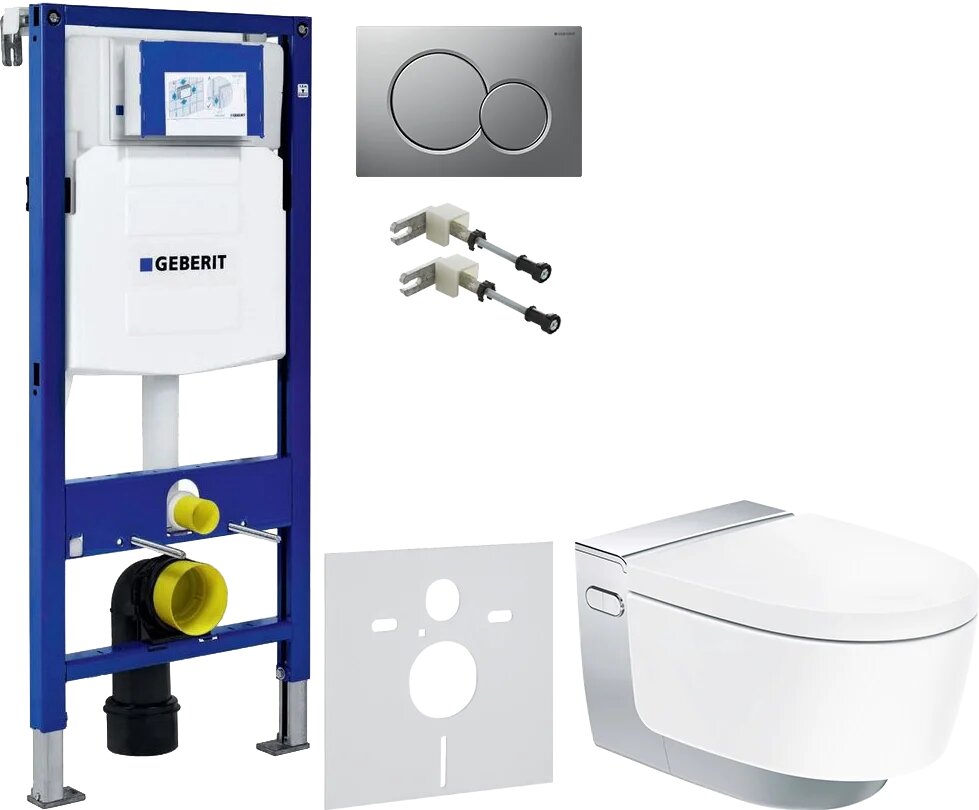 Комплект Унитаз подвесной Geberit AquaClean Mera Comfort с системой удаления запахов, глянцевый хром / Крепления к стене / Шумоизоляция, Инсталляция UP 320 111.300.00.5, Кнопка Sigma черная