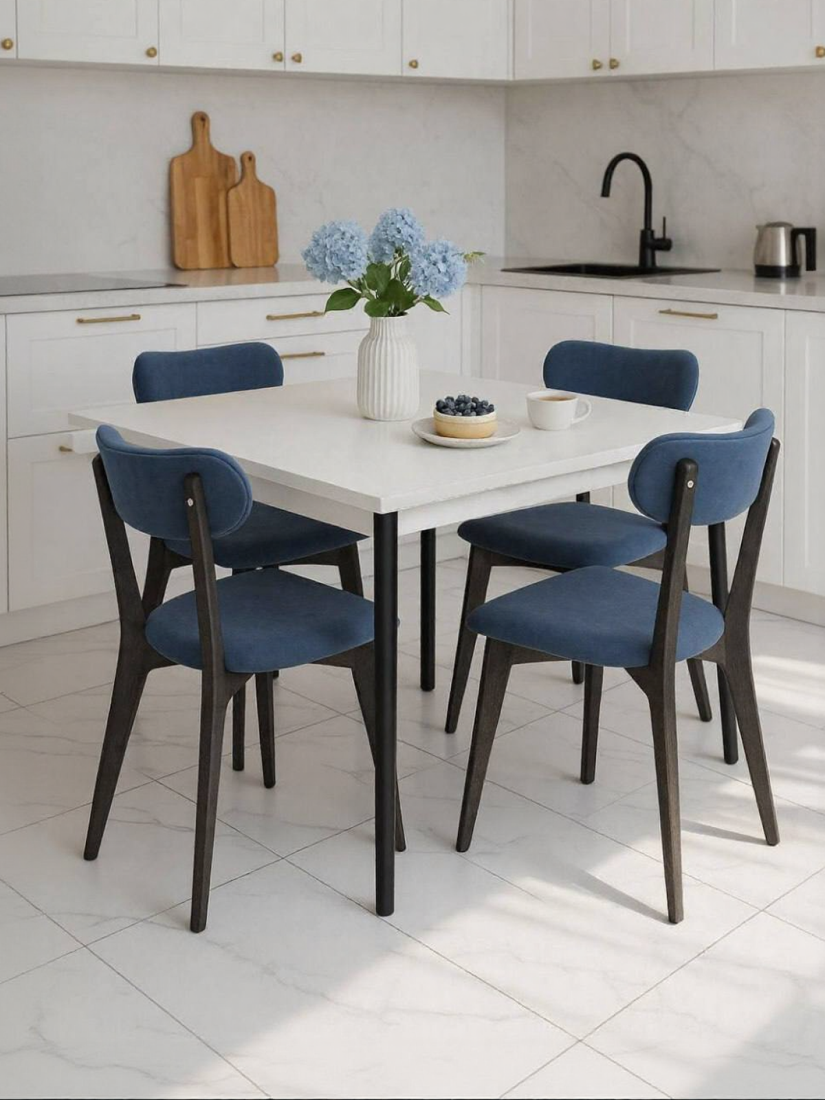 Стулья для кухни SANYAK комплект 4 шт деревянные мягкие со спинкой для обеденной зоны, велюр, Синий