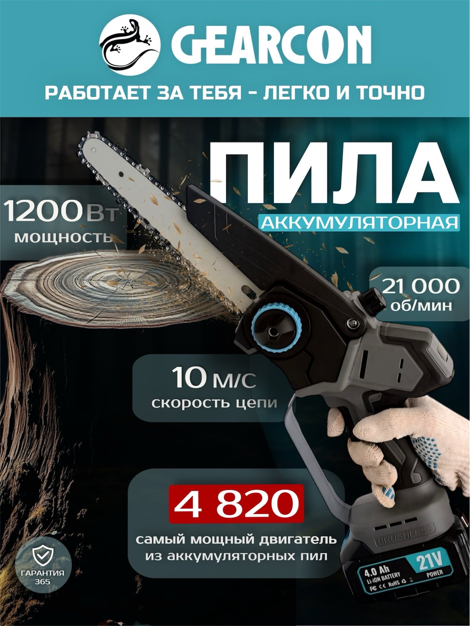 Пила цепная аккумуляторная GEARCON, в кейсе, а АКБ