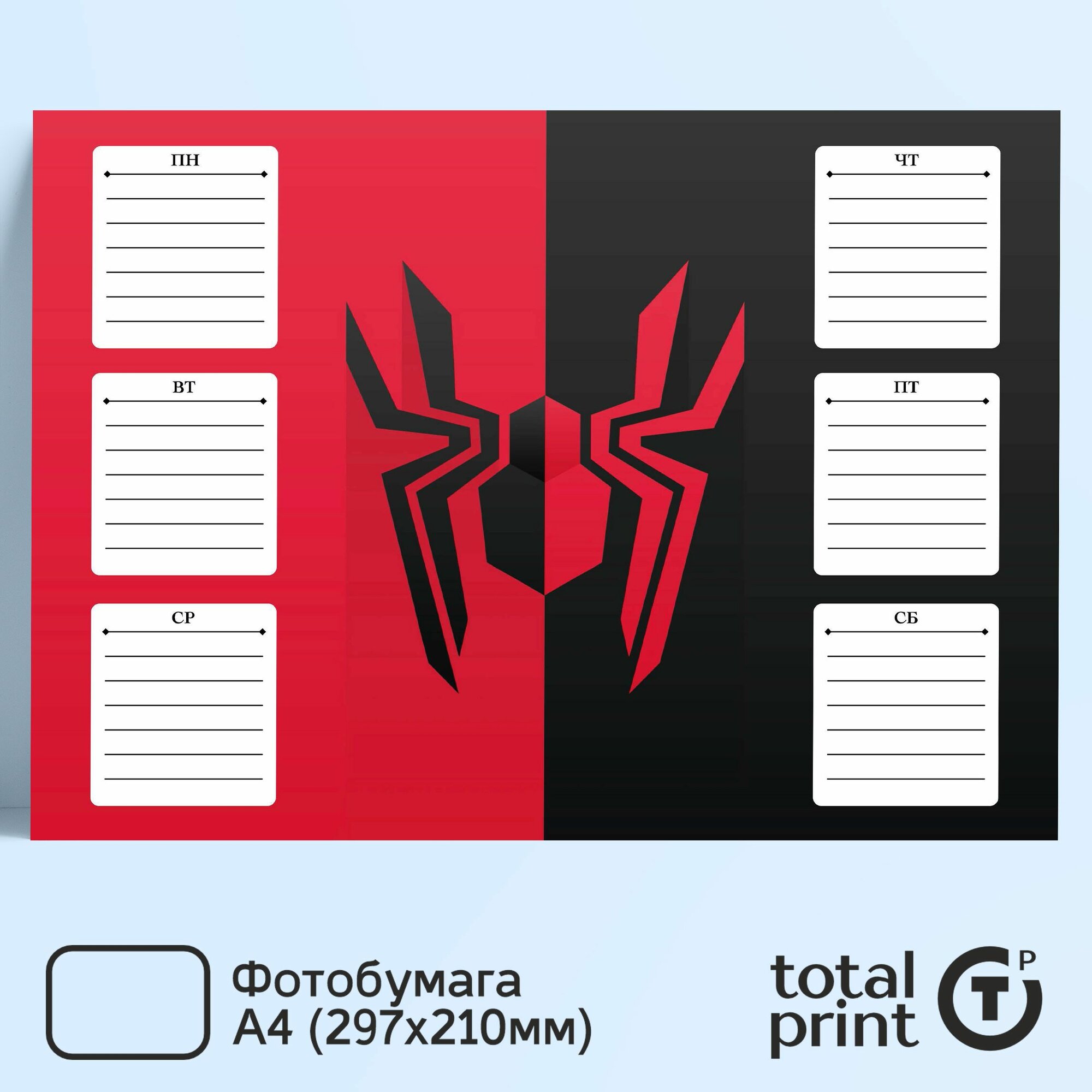 Расписание уроков, постер А4, Марвел, Человек паук, Spiderman, TotalPrint