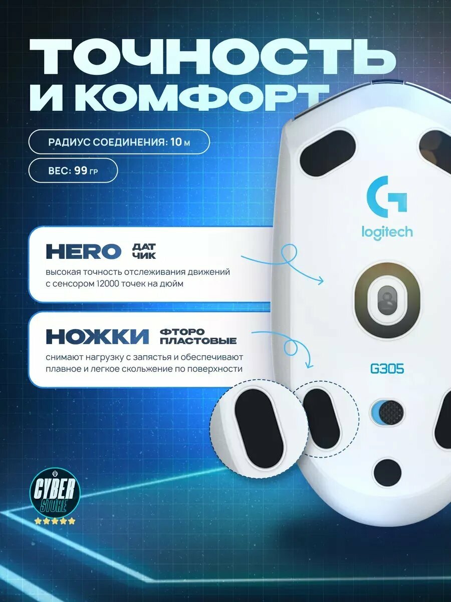 Игровая мышь Logitech G304, беспроводная, радиус действия 10м, 6 кнопок, белая