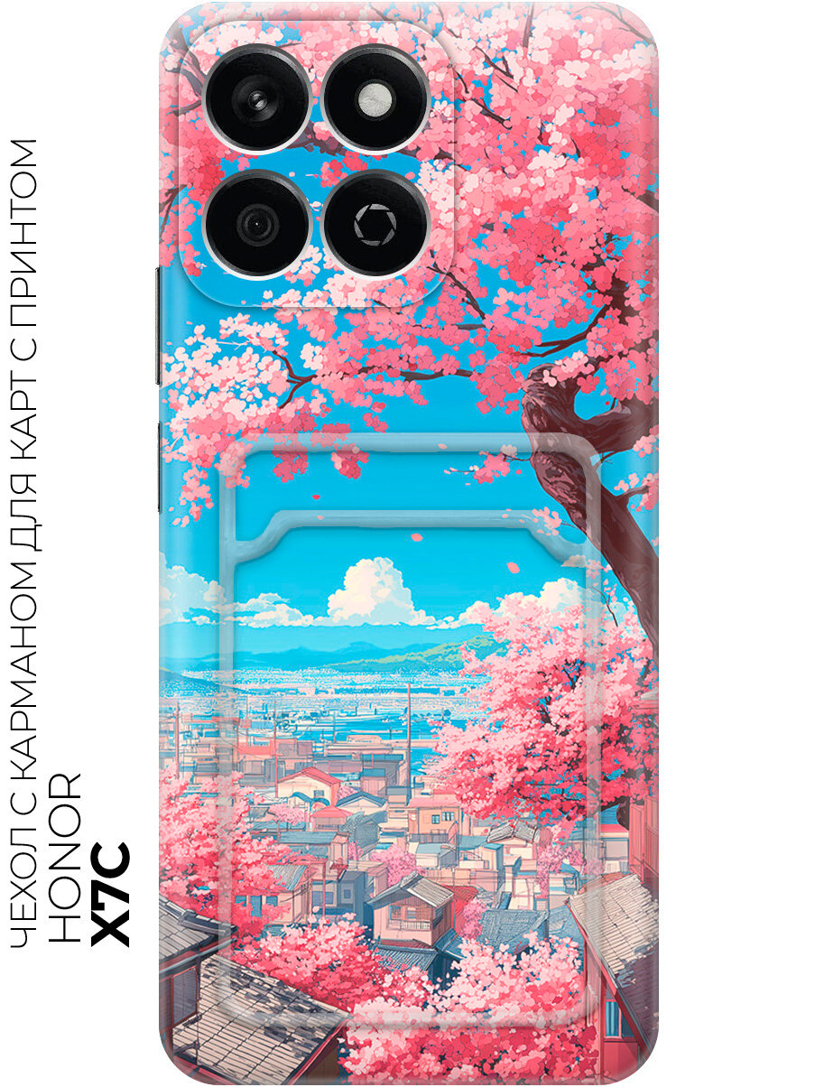 Силиконовый чехол на Honor X7C с принтом "Аниме сакура над гаванью мечты" с карманом для карты