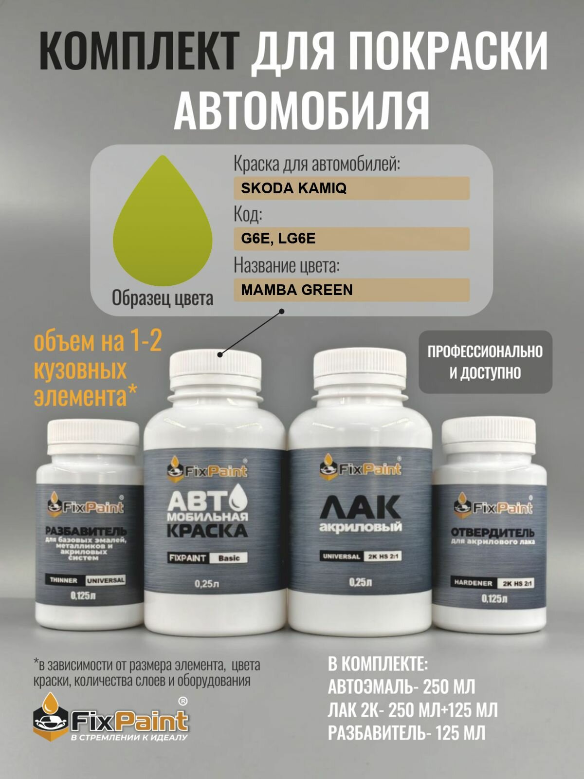 Комплект для покраски SKODA KAMIQ, код G6E, LG6E, MAMBA GREEN, базовая автомобильная краска 250 мл, лак 2K 250 мл с отвердителем, разбавитель 125 мл, FixPaint Pro