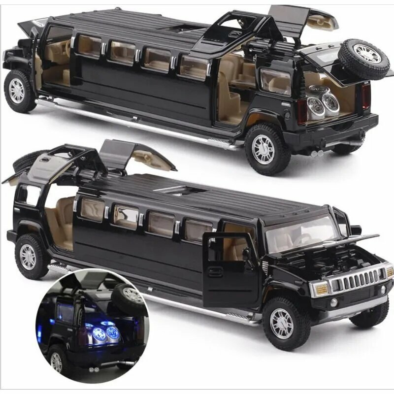Коллекционная машинка Лимузин WiMi Hummer H2 в металлическом корпусе, реалистичные модели с инерционным механизмом, игрушки для детей с открывающимися элементами и светозвуковым сигналом