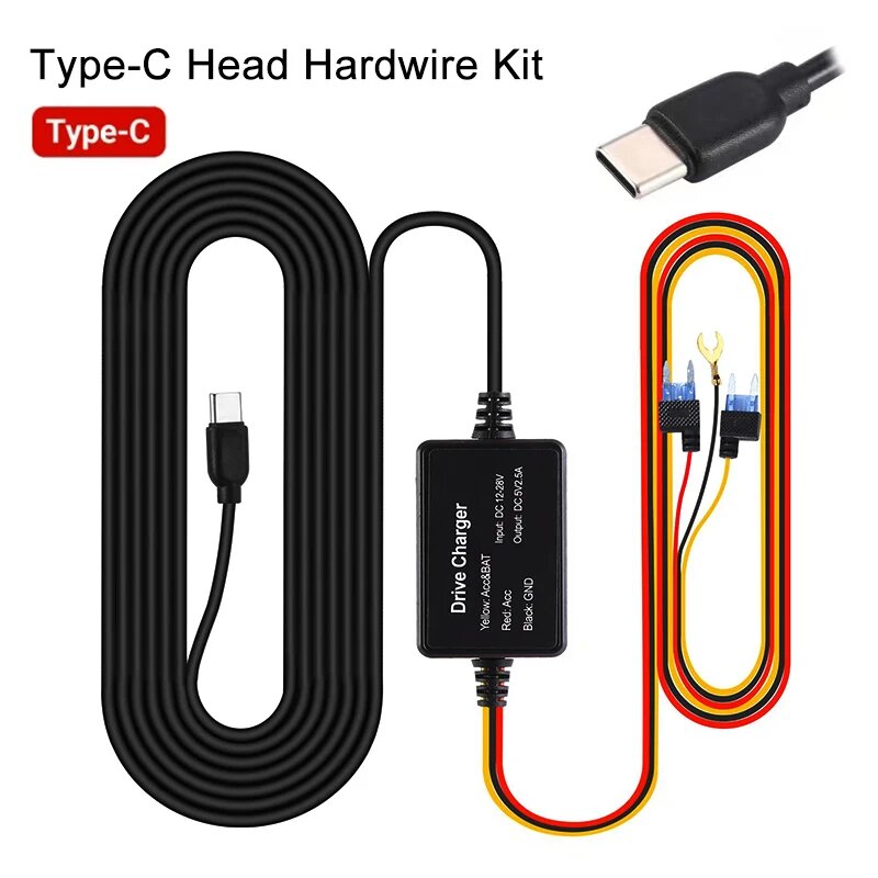Автомобильный комплект жесткой проводки Type-C для видеорегистратора DVR, 5 В/3 А, 24-часовой мониторинг парковки, защит
