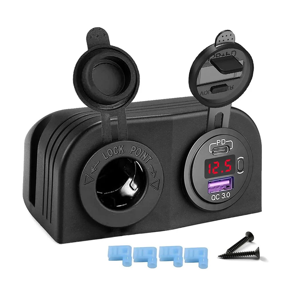 Панель типа палатки PD Type C и QC 3.0 USB Автомобильное зарядное устройство с вольтметром 12 В/24 В Розетка прикуривателя для автомобиля Мотоцикла Лодка RV, Red Set