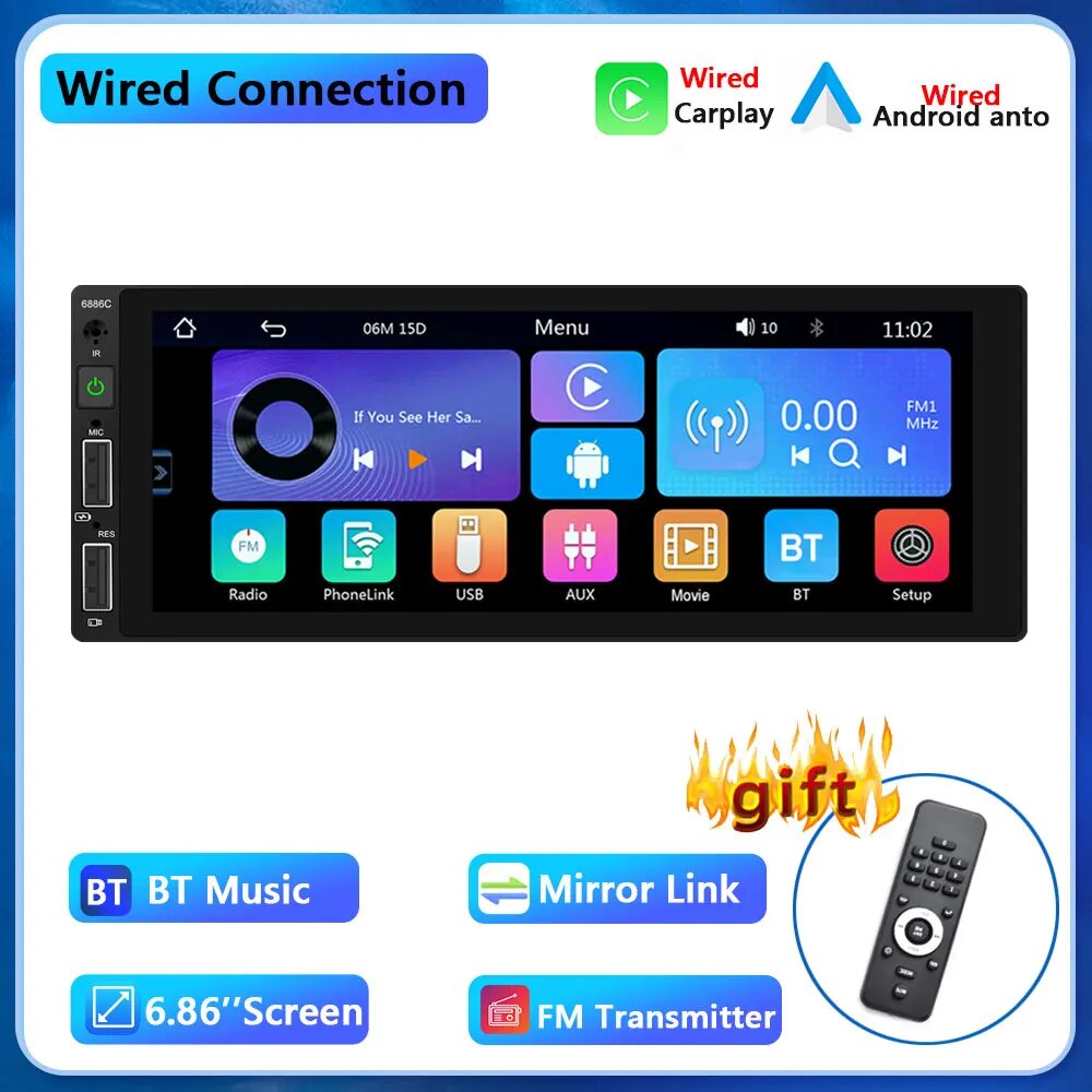 Автомагнитола Podofo универсальная с сенсорным экраном 6,86 дюйма, 1DIN, FM-радио, Wired Carplay