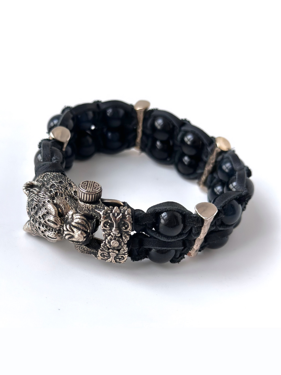 Славянский оберег, плетеный браслет, турмалин черный, кожа, соколиный глаз, металл
