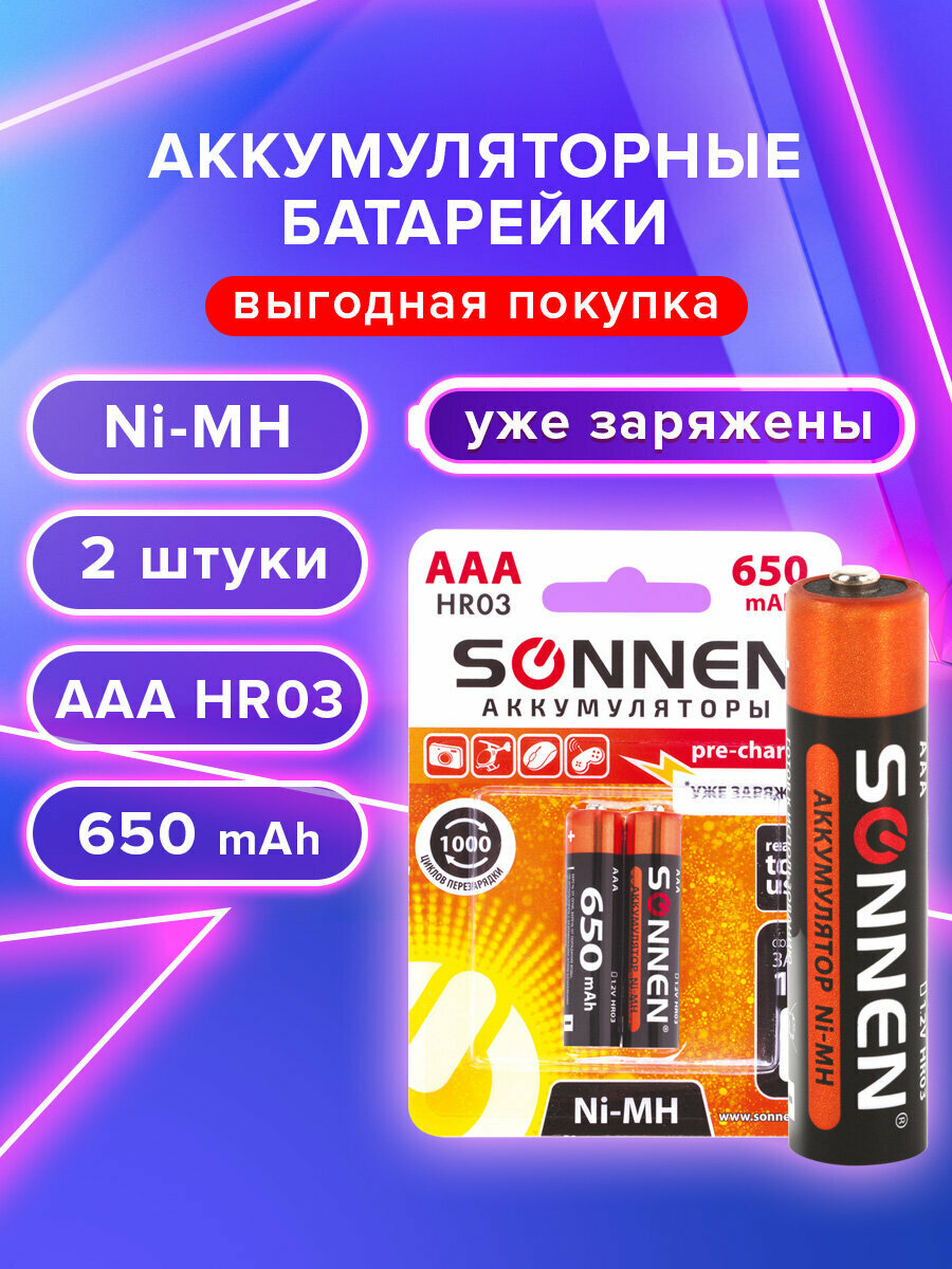 Батарейки аккумуляторные Ni-Mh мизинчиковые Комплект 2 шт, Aaa (HR03) 650 mAh, Sonnen, 454236