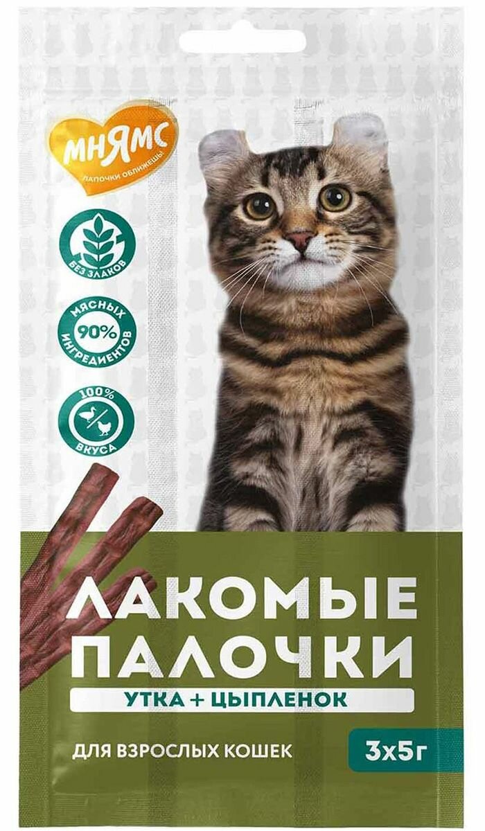 Лакомство Мнямс для кошек палочки с цыпленком и уткой, 15 гр