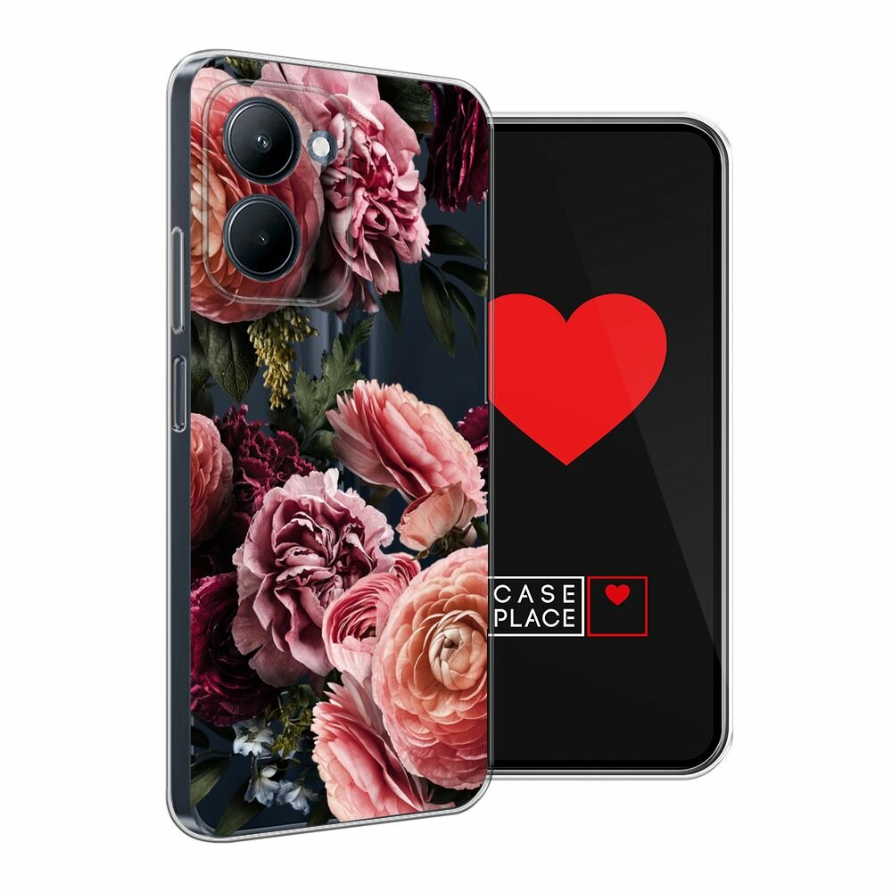 Чехол на Realme C33 / Реалми С33 с принтом "Бордовые винтажные цветы", прозрачный — фото 1