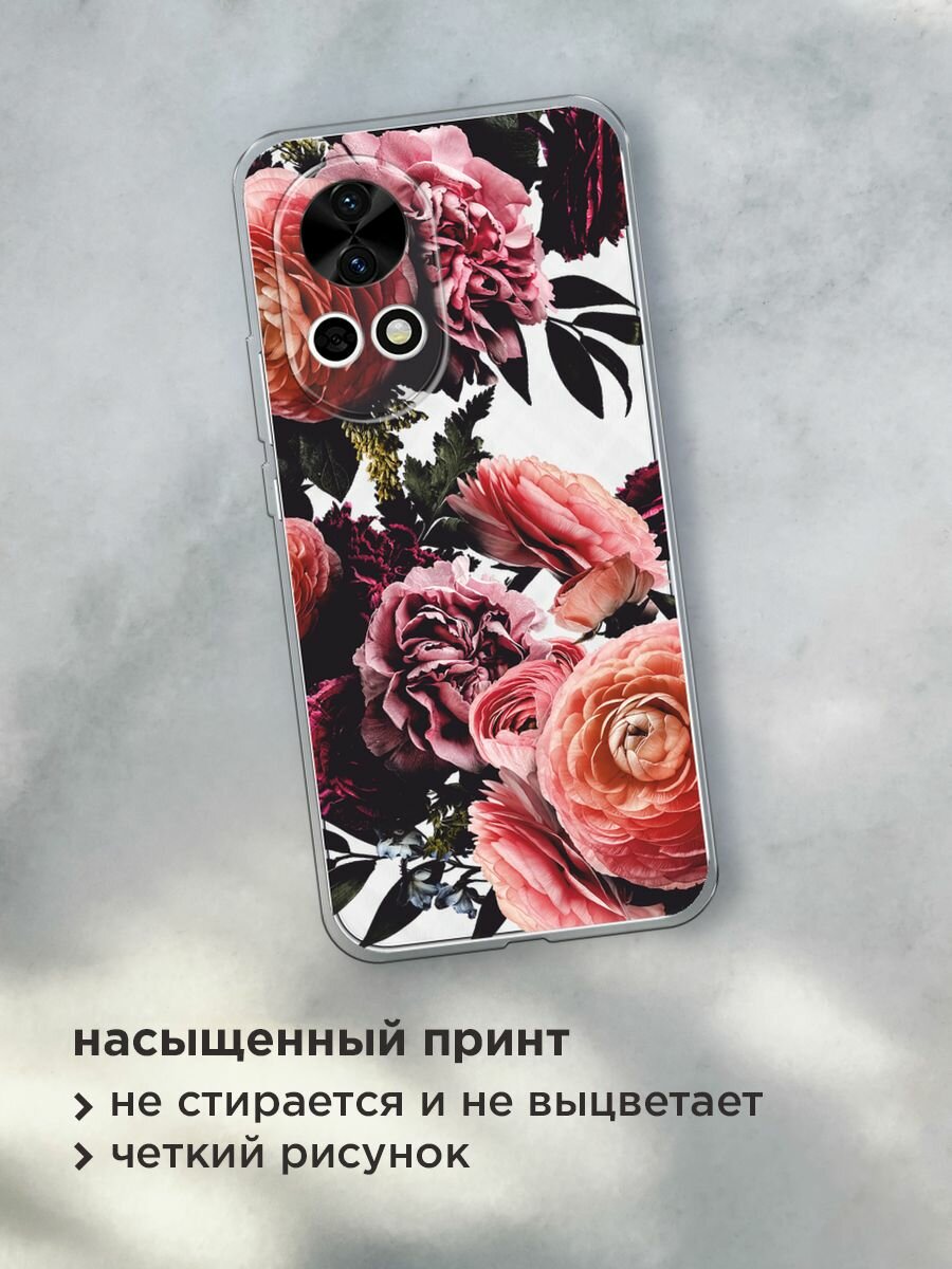 Чехол на Huawei Nova 12/Nova13 / Хуавей Нова 12/Нова 13 с принтом "Бордовые винтажные цветы", прозрачный — фото 1
