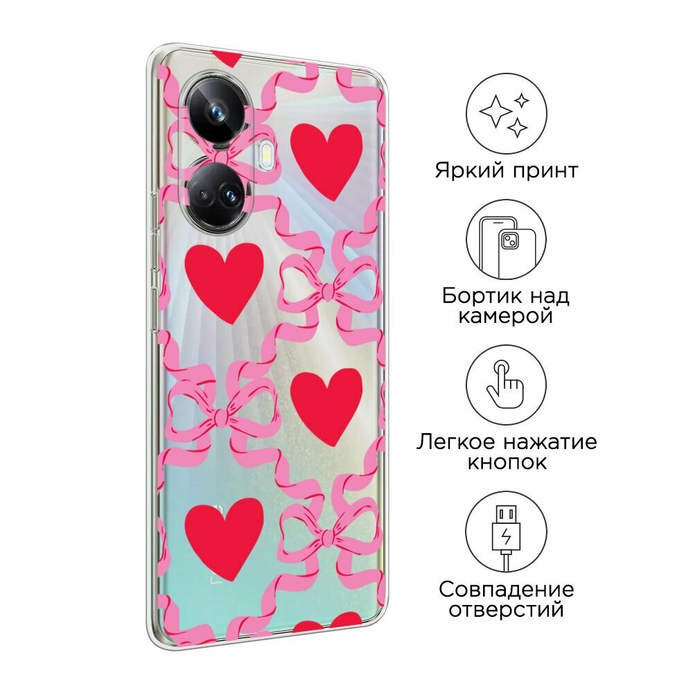 Чехол на Realme 10 Pro+ / Реалми 10 Про+ с принтом "Hearts and ribbons 2 - 14 февраля", прозрачный — фото 1