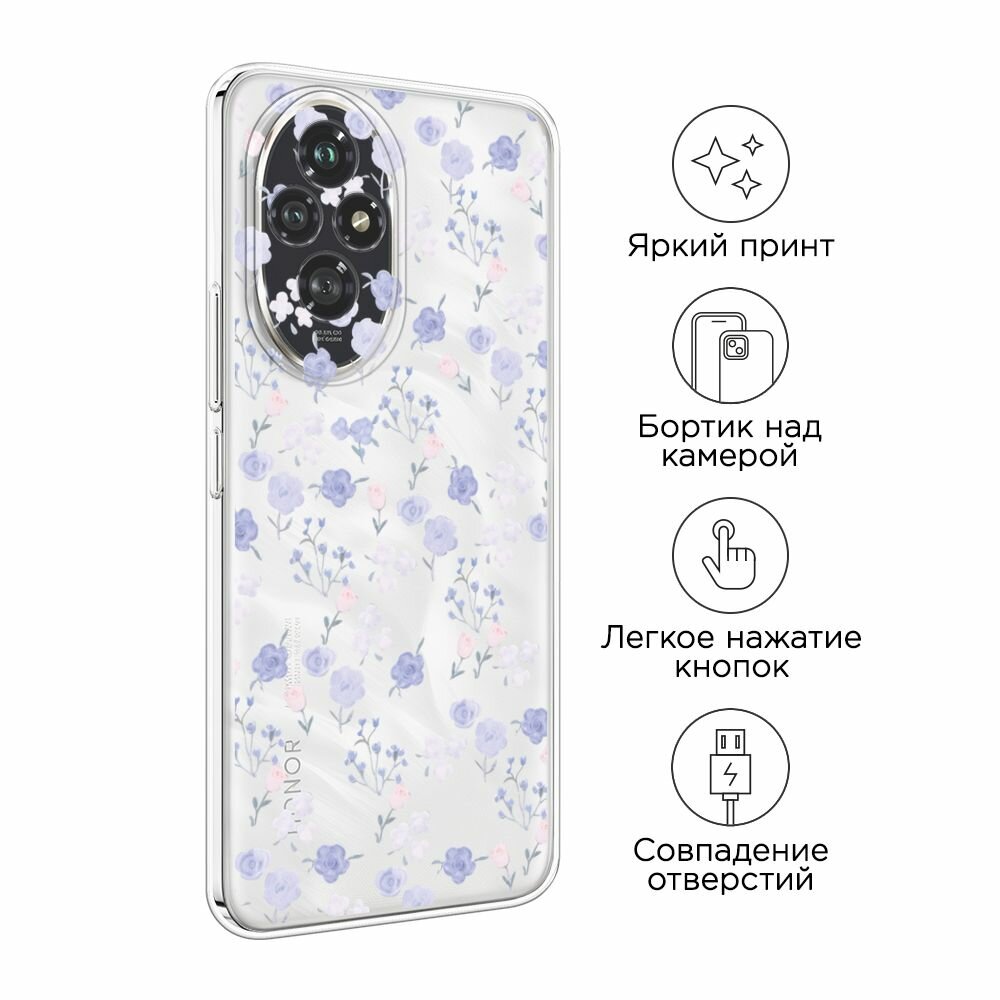 Чехол на Honor 200 / Хонор 200 с принтом "Сиреневые розы паттерн", прозрачный — фото 1