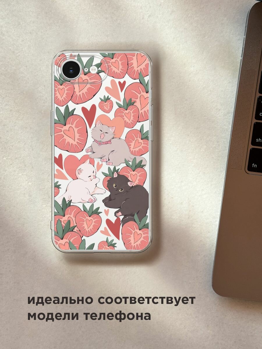 Чехол на Apple iPhone 16e/17e / Айфон 16е/17e с принтом "Клубничные котики", прозрачный — фото 1