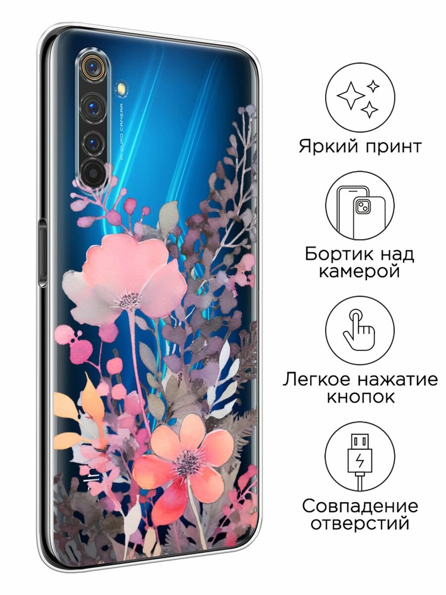 Чехол на Realme 6 Pro / Реалми 6 Про с принтом "Лиловые полевые цветы", прозрачный — фото 1