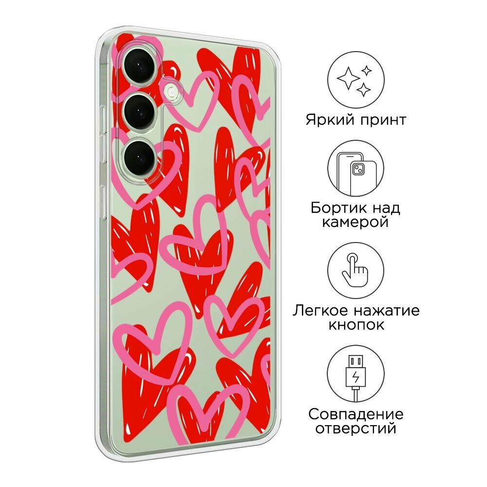 Чехол на Samsung Galaxy S25 Plus / Самсунг S25 Плюс с принтом "Hearts doodles - 14 февраля", прозрачный — фото 1