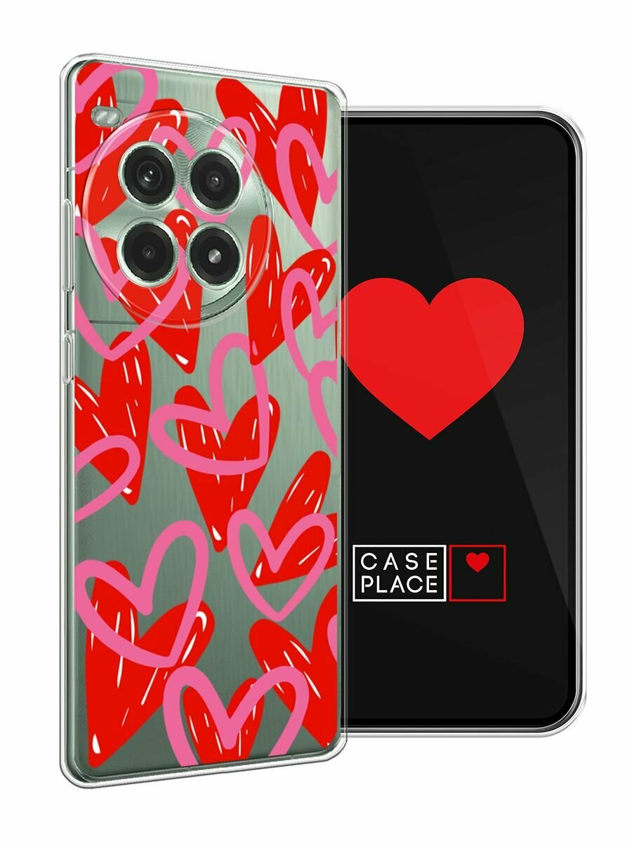 Чехол на OnePlus Ace 3 Pro / Ван Плас Эйс 3 Про с принтом "Hearts doodles - 14 февраля", прозрачный — фото 1