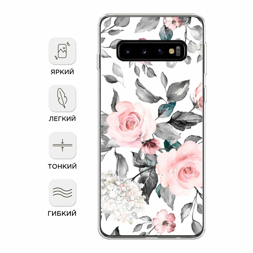 Чехол на Samsung Galaxy S10 + / Самсунг Галакси S10 Плюс с принтом "Розы на белом" — фото 1