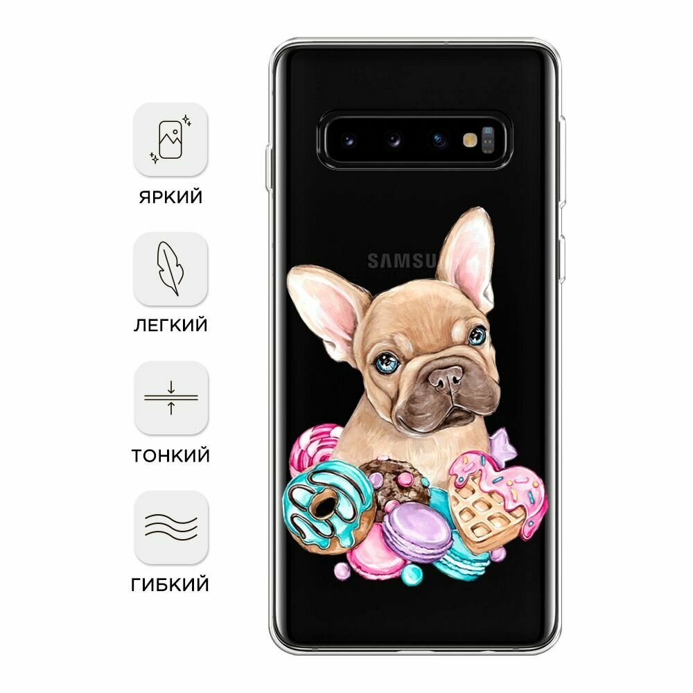 Чехол на Samsung Galaxy S10 + / Самсунг Галакси S10 Плюс с принтом "Бульдог и сладости", прозрачный — фото 1