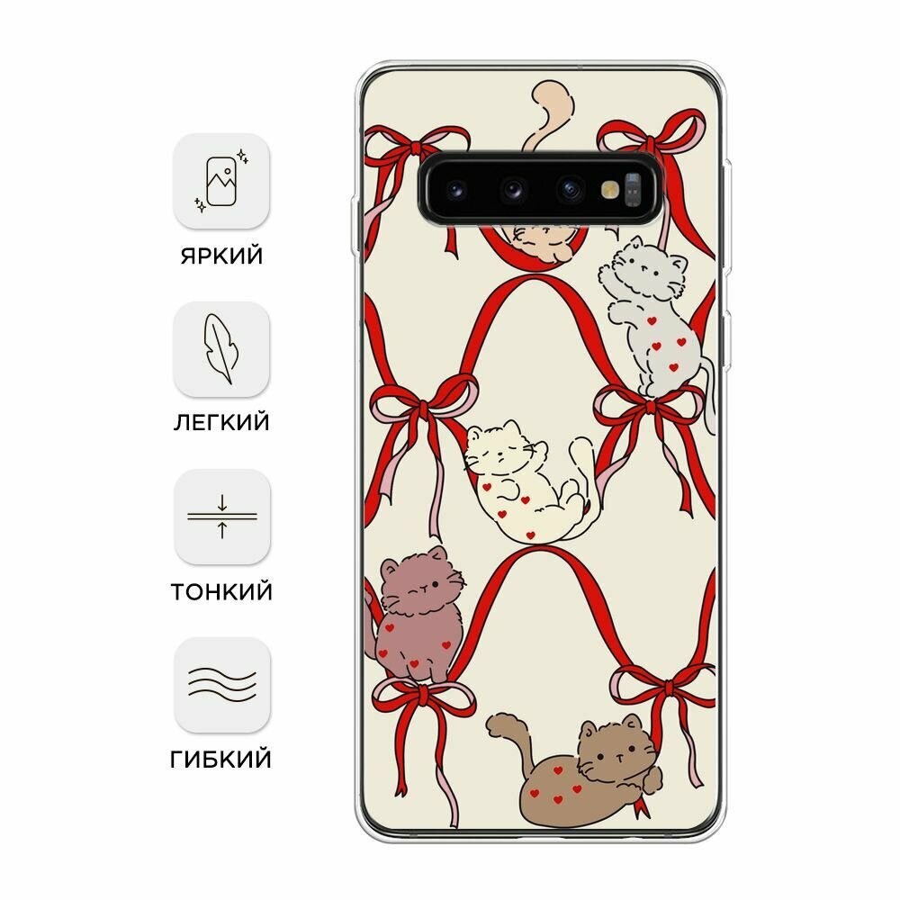 Чехол на Samsung Galaxy S10 / Самсунг Галакси S10 с принтом "Котики в ленточках 1" — фото 1