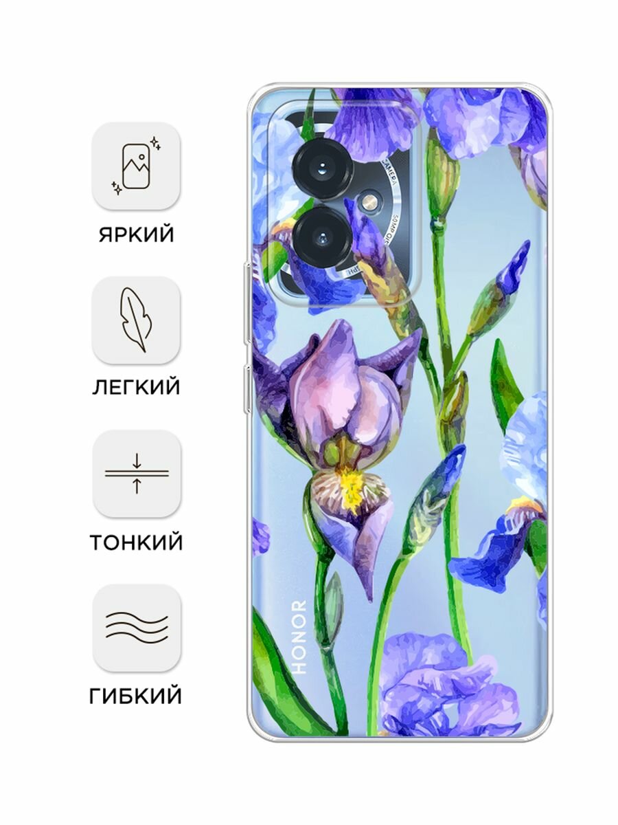 Чехол на Honor 100 / Хонор 100 с принтом "Синие ирисы", прозрачный — фото 1