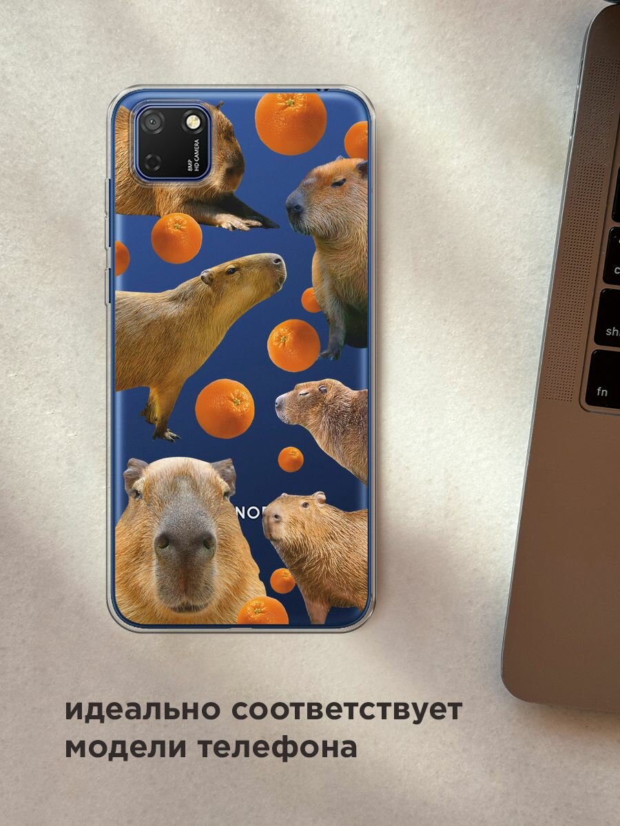 Чехол на Honor 9S/Huawei Y5p / Хонор 9S/Хуавей Y5p с принтом "Капибара и апельсины", прозрачный — фото 1